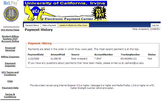 Make an Electronic Payment via ZOT Account Online